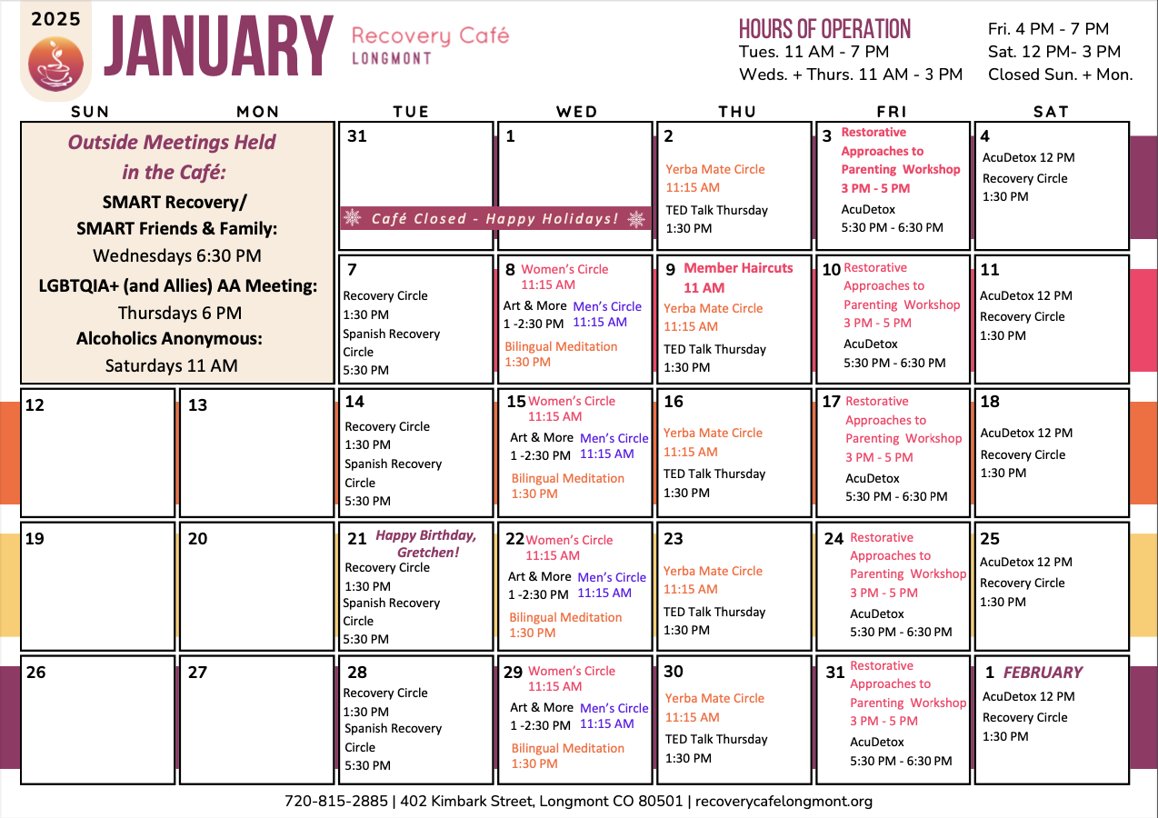 January 2025 Calendar - Recovery Café Longmont